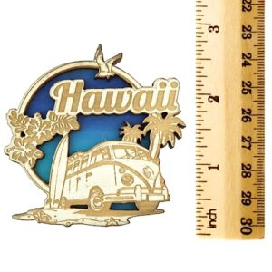 Wooden Hawaii Fridge Magnet, Van and Palm Trees Laser Cut Details, Vacation Souvenir Magnetic Accessory, 2.5 Inches