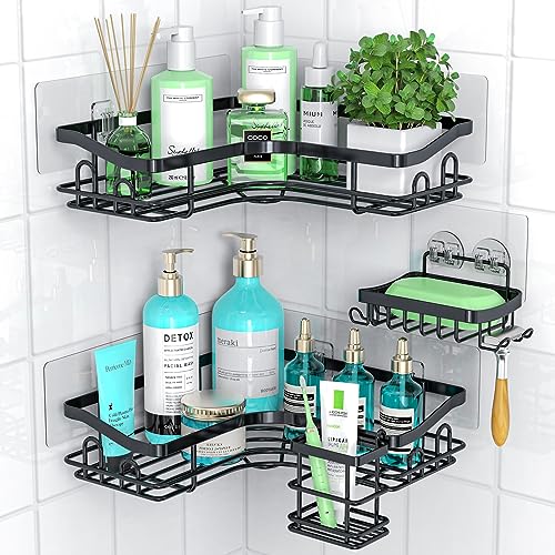 3Free Corner Shower Caddy, 4 Pack Strong Adhesive Shower Organizer with Soap Holder and 12 Hooks No Drilling Shower Shelves, Rustproof SUS304 Stainless Steel Bathroom Shower Shelf for Inside Shower