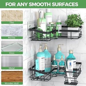 3Free Corner Shower Caddy, 4 Pack Strong Adhesive Shower Organizer with Soap Holder and 12 Hooks No Drilling Shower Shelves, Rustproof SUS304 Stainless Steel Bathroom Shower Shelf for Inside Shower