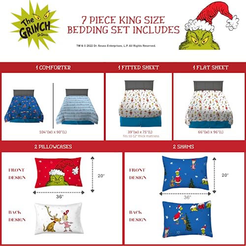 Franco Grinch by Dr. Seuss Holiday & Christmas Bedding Super Soft Comforter and Sheet Set with Sham, 7 Piece King Size (Official Dr. Seuss Product)