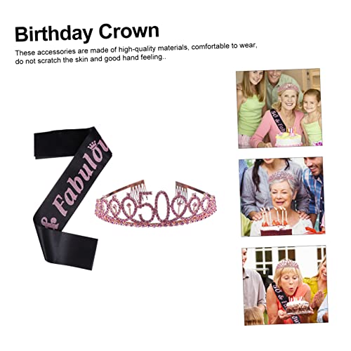 Abaodam 2pcs 50 Birthday Shoulder Strap Headband Womens Gifts for Birthday Headwear for Women Rhinestone Headband 50th Wedding Tiara Birthday Sash Women Birthday Tiara and Sash Black Girl