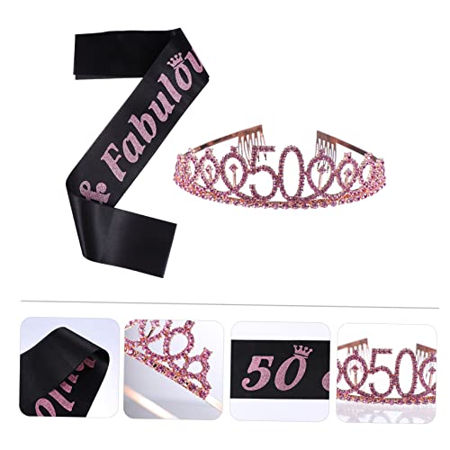 Abaodam 2pcs 50 Birthday Shoulder Strap Headband Womens Gifts for Birthday Headwear for Women Rhinestone Headband 50th Wedding Tiara Birthday Sash Women Birthday Tiara and Sash Black Girl