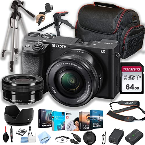 Sony a6400 Mirrorless Camera with 16-50mm Lens + 64GB Memory + Case+ Steady Grip Pod + Tripod+ Software Pack + More -Accessory Bundle