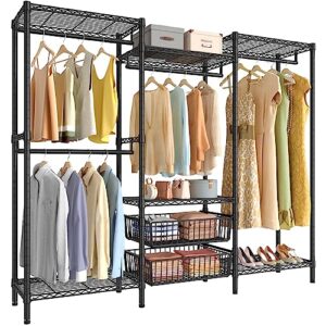 vipek v10i medium garment rack heavy duty clothes rack, free standing coat rack for hanging clothes wardrobe metal clothing rack with 2 slid storage baskets, 68.9" l x 15.7" w x 76.4" h, black