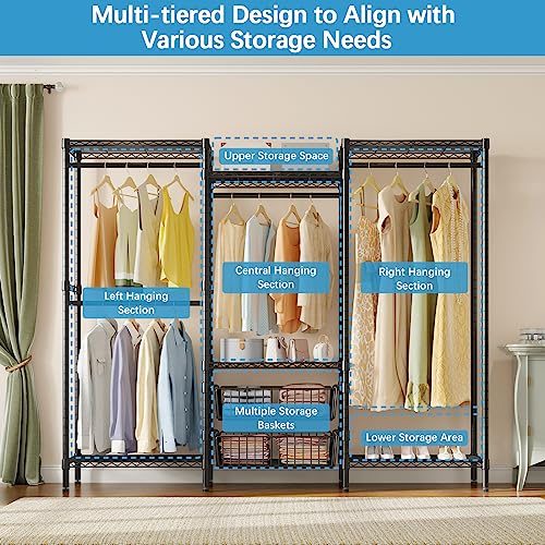 VIPEK V10i Medium Garment Rack Heavy Duty Clothes Rack, Free Standing Coat Rack for Hanging Clothes Wardrobe Metal Clothing Rack with 2 Slid Storage Baskets, 68.9" L x 15.7" W x 76.4" H, Black