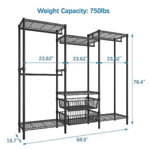 VIPEK V10i Medium Garment Rack Heavy Duty Clothes Rack, Free Standing Coat Rack for Hanging Clothes Wardrobe Metal Clothing Rack with 2 Slid Storage Baskets, 68.9" L x 15.7" W x 76.4" H, Black