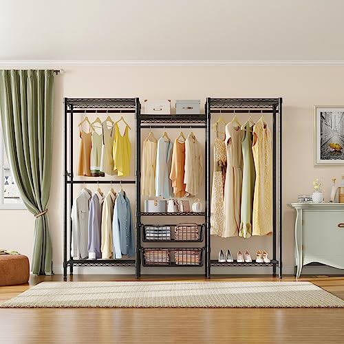 VIPEK V10i Medium Garment Rack Heavy Duty Clothes Rack, Free Standing Coat Rack for Hanging Clothes Wardrobe Metal Clothing Rack with 2 Slid Storage Baskets, 68.9" L x 15.7" W x 76.4" H, Black