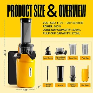 Ventray Essential Ginnie Juicer Compact Small Cold Press Juicer Masticating Slow Juicer with 60RPM Low Speed, Easy to Clean & Nutrient Dense, Eco-Friendly Packaging, Sunny Yellow