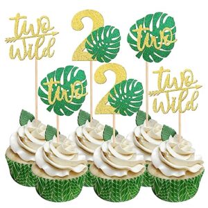 30 pcs two wild cupcake toppers glitter monstera leaf two cupcake picks palm leaves 2nd birthday cake decorations for jungle safari theme baby shower kids second birthday party supplies