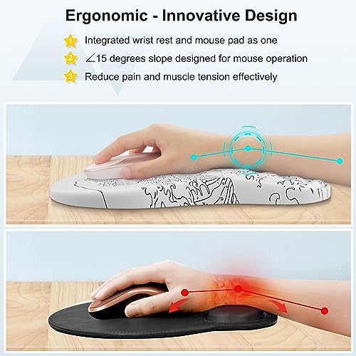 iCasso Ergonomic Mouse Pad Wrist Support, Wrist Rest, Comfortable Computer Gel Mouse Pad for Laptop, Memory Foam,Pain Relief Mousepad with Non-Slip PU Base for Office Home (White Wave of Kanagawa)