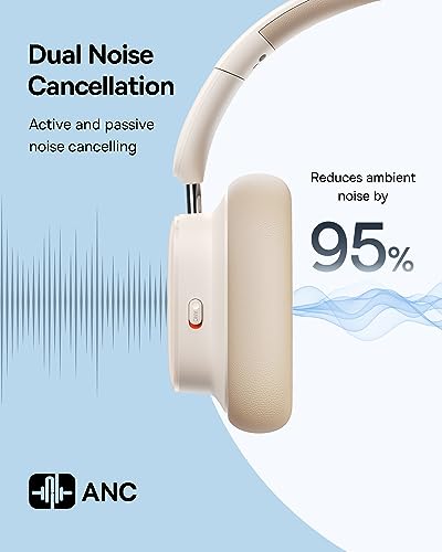 Baseus Active Noise Cancelling Headphones with 100H Playtime, LHDC Hi-Res Sound, Reduce Noise by Up to 95%, Spatial Audio, ENC Mics, 0.038s Low Latency, Bluetooth 5.3 Wireless Headphones - Bowie H1i