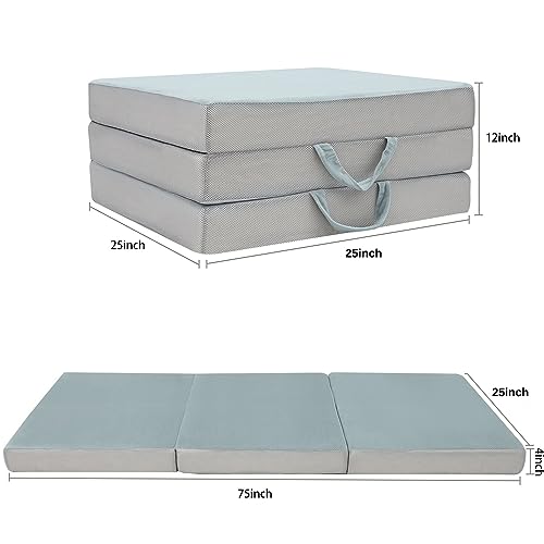 MeMoreCool Folding Mattress Foldable Mattress, 4 Inch Memory Foam Trifold Mattress Topper, Portable Floor Mattress Guest Bed Camping Traveling with Washable Cover & Soft Fitted Sheet, Single