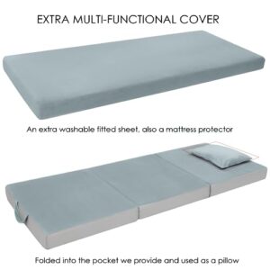 MeMoreCool Folding Mattress Foldable Mattress, 4 Inch Memory Foam Trifold Mattress Topper, Portable Floor Mattress Guest Bed Camping Traveling with Washable Cover & Soft Fitted Sheet, Single