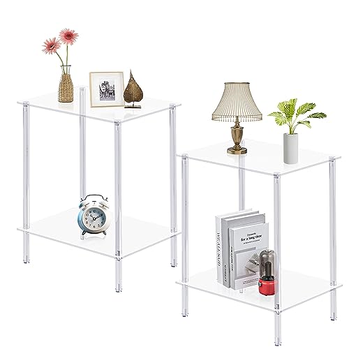 IRCPEN Acrylic Side Tables with 2 Shelve, End Table Set of 2, Nightstands for Tight Spaces, 2-Tier Tempered Glass Bedside Table for Office, Bedroom, Living Room, Study, Outdoor (2, Transparent)