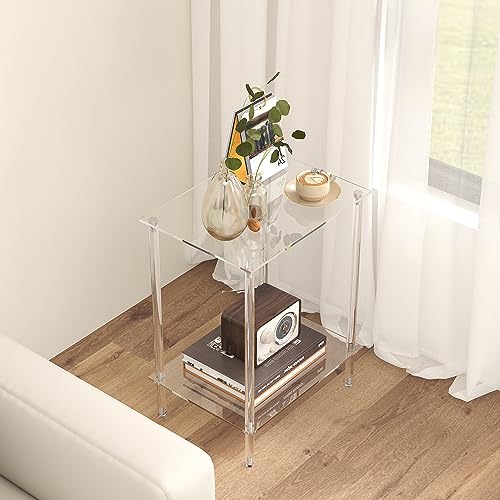 IRCPEN Acrylic Side Tables with 2 Shelve, End Table Set of 2, Nightstands for Tight Spaces, 2-Tier Tempered Glass Bedside Table for Office, Bedroom, Living Room, Study, Outdoor (2, Transparent)