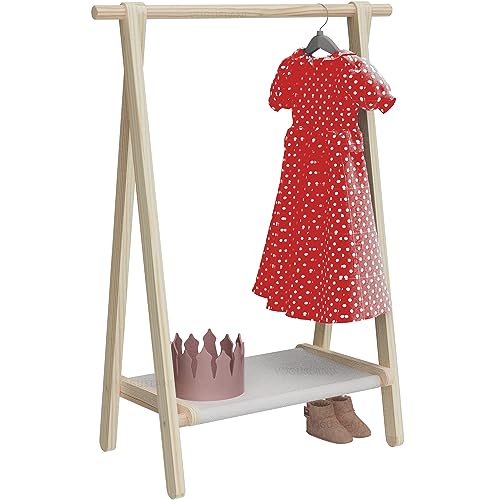 VOGUSLAND Dress up Storage, Kids Clothing Rack, Child Garment Rack with Storage Shelf, Natural Pine Wood (Pine)