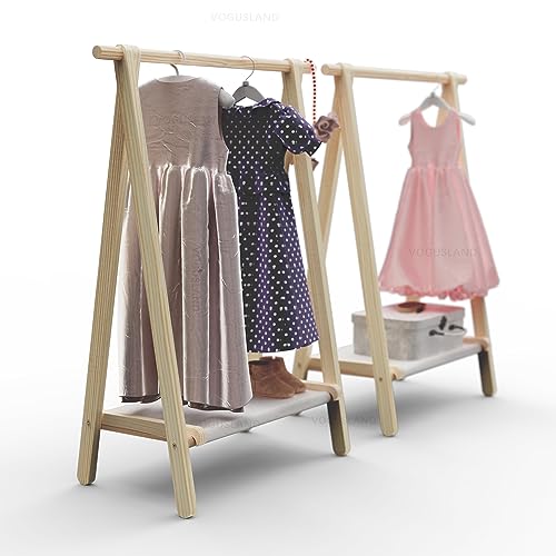 VOGUSLAND Dress up Storage, Kids Clothing Rack, Child Garment Rack with Storage Shelf, Natural Pine Wood (Pine)