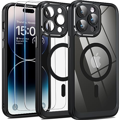 Oneagle Magnetic for iPhone 14 Pro Max Case Clear, [Compatible with Magsafe][30X Anti-Yellow][Built-in Lens Protector][Metal Lens Frame],14 Pro Max Phone Case with 2 Screen Protectors(Black)