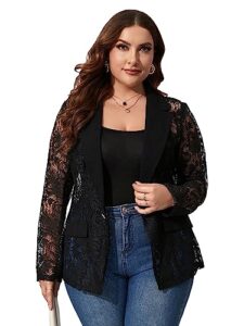 wdirara women's plus size contrast lace button front lapel neck long sleeve elegant blazer black 1xl