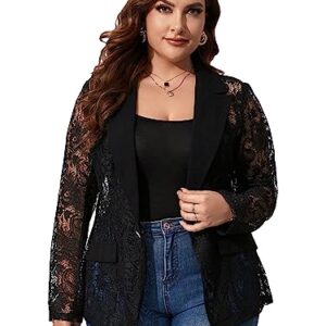 WDIRARA Women's Plus Size Contrast Lace Button Front Lapel Neck Long Sleeve Elegant Blazer Black 1XL