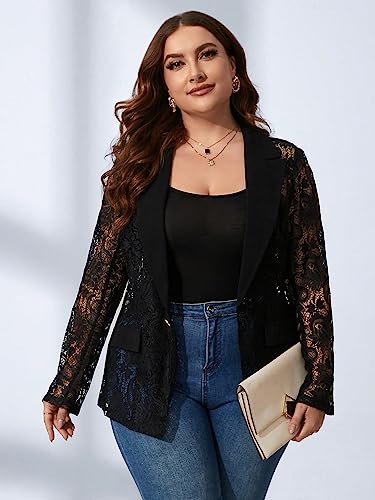 WDIRARA Women's Plus Size Contrast Lace Button Front Lapel Neck Long Sleeve Elegant Blazer Black 1XL