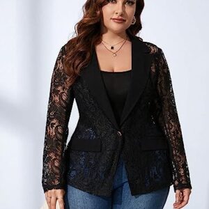 WDIRARA Women's Plus Size Contrast Lace Button Front Lapel Neck Long Sleeve Elegant Blazer Black 1XL