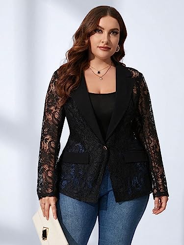 WDIRARA Women's Plus Size Contrast Lace Button Front Lapel Neck Long Sleeve Elegant Blazer Black 1XL