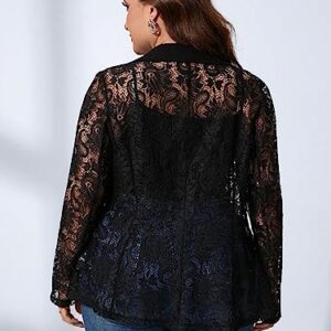 WDIRARA Women's Plus Size Contrast Lace Button Front Lapel Neck Long Sleeve Elegant Blazer Black 1XL