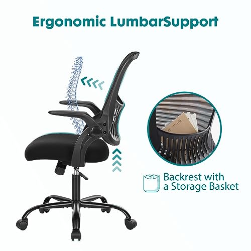 Ergonomic Office Chair Mesh Home Office Desk Chairs Computer Chair Height Adjustable Task Chair with Lumbar Support & Flip-up Arms, Black