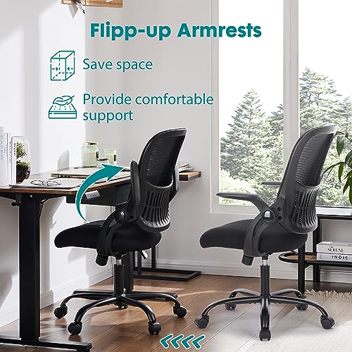 Ergonomic Office Chair Mesh Home Office Desk Chairs Computer Chair Height Adjustable Task Chair with Lumbar Support & Flip-up Arms, Black