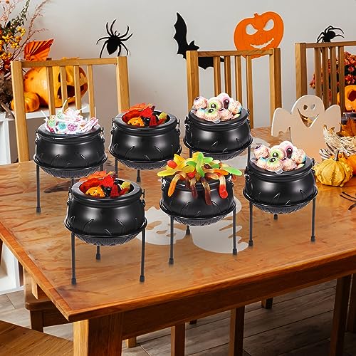 Jenaai 6 Pcs Halloween Witch Cauldron Plastic Black Candy Serving Bowl on Stand, Black Witch Cauldron Candy Holder for Home Indoor Outdoor Kitchen Halloween Party Decorations