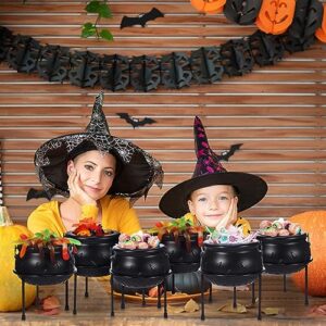 Jenaai 6 Pcs Halloween Witch Cauldron Plastic Black Candy Serving Bowl on Stand, Black Witch Cauldron Candy Holder for Home Indoor Outdoor Kitchen Halloween Party Decorations