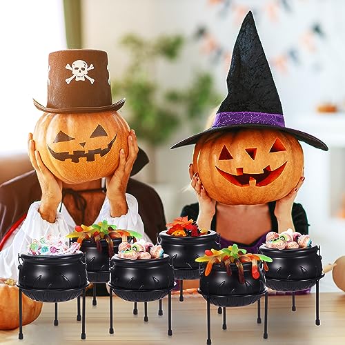 Jenaai 6 Pcs Halloween Witch Cauldron Plastic Black Candy Serving Bowl on Stand, Black Witch Cauldron Candy Holder for Home Indoor Outdoor Kitchen Halloween Party Decorations