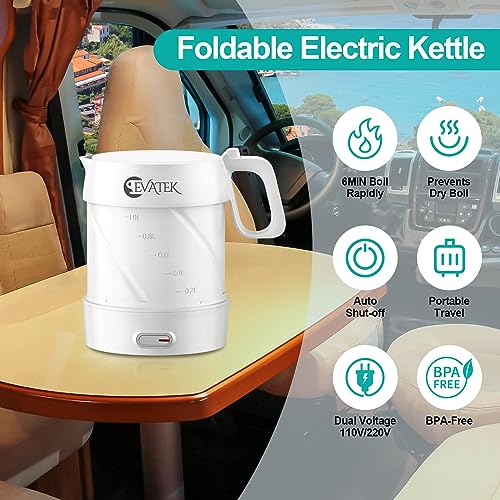 EVATEK Travel Foldable Electric Kettle, Dual Voltage Collapsible Kettle Travel Electric, 1000ML BPA-Free Boil Dry Protection Portable Kettle for Travel, Camping, Picnic