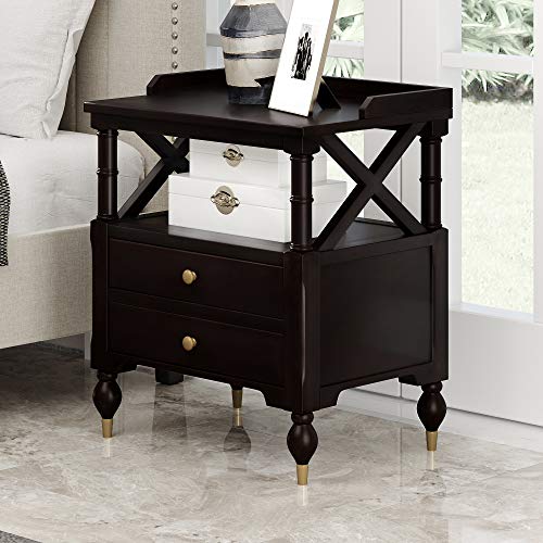 Modern Nightstand with 2 Drawers and Gold Metal Handles,Bedside Table with Solid Wood Frame and Open Storage for Living Room Bedroom,Easy Assembly (Black-06, 23.6''L)