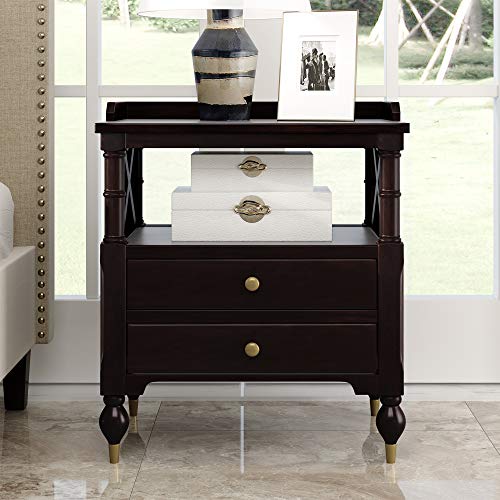 Modern Nightstand with 2 Drawers and Gold Metal Handles,Bedside Table with Solid Wood Frame and Open Storage for Living Room Bedroom,Easy Assembly (Black-06, 23.6''L)