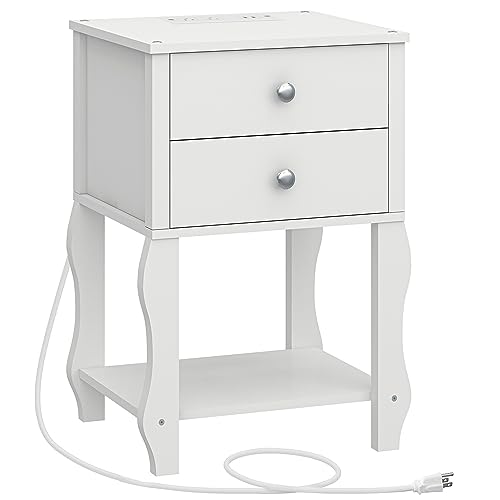 White Nightstand with Charging Station,2 AC and 2 USB Power Outlets, Small End Table with 2 Drawers, Mid-Centry Modern Nightstand for Bedroom,Dormitory,11.81" D x 15.35" W x 21.85" H XXCTG03W-E