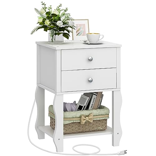 White Nightstand with Charging Station,2 AC and 2 USB Power Outlets, Small End Table with 2 Drawers, Mid-Centry Modern Nightstand for Bedroom,Dormitory,11.81" D x 15.35" W x 21.85" H XXCTG03W-E