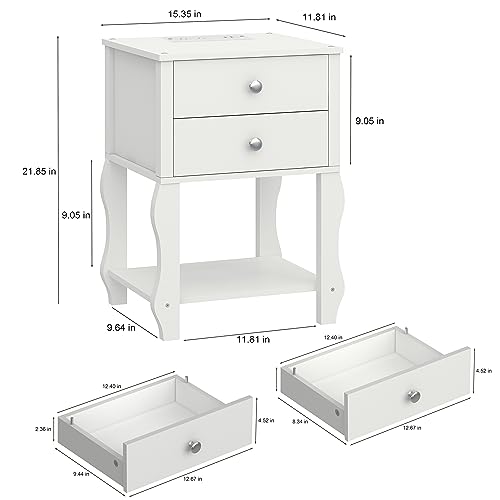 White Nightstand with Charging Station,2 AC and 2 USB Power Outlets, Small End Table with 2 Drawers, Mid-Centry Modern Nightstand for Bedroom,Dormitory,11.81" D x 15.35" W x 21.85" H XXCTG03W-E