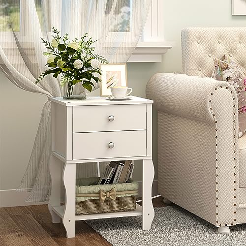 White Nightstand with Charging Station,2 AC and 2 USB Power Outlets, Small End Table with 2 Drawers, Mid-Centry Modern Nightstand for Bedroom,Dormitory,11.81" D x 15.35" W x 21.85" H XXCTG03W-E