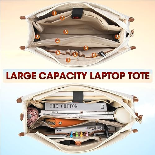 NUBILY Laptop Bag for Women 15.6 inch Lightweight Canvas Tote Waterproof Work Shoulder Bags Large Capacity Computer Professional Office Business Briefcase Casual Handbag Travel College, Brown