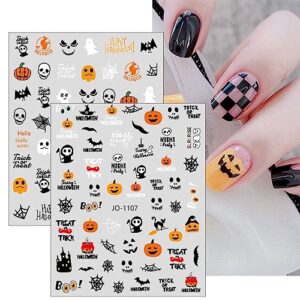 JMEOWIO 9 Sheets Halloween Nail Art Stickers Decals Self-Adhesive Pegatinas Uñas Pink Skull Ghost Witchy Spider Web Pumpkin Spook Nail Supplies Nail Art Design Decoration Accessories