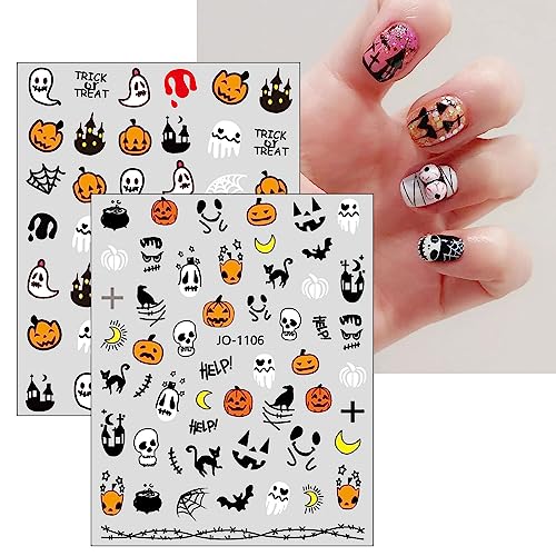 JMEOWIO 9 Sheets Halloween Nail Art Stickers Decals Self-Adhesive Pegatinas Uñas Pink Skull Ghost Witchy Spider Web Pumpkin Spook Nail Supplies Nail Art Design Decoration Accessories