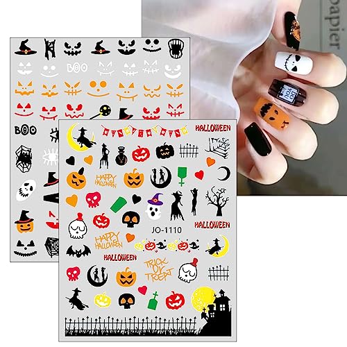 JMEOWIO 9 Sheets Halloween Nail Art Stickers Decals Self-Adhesive Pegatinas Uñas Pink Skull Ghost Witchy Spider Web Pumpkin Spook Nail Supplies Nail Art Design Decoration Accessories