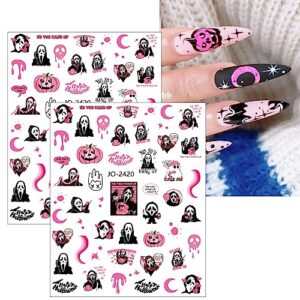 JMEOWIO 9 Sheets Halloween Nail Art Stickers Decals Self-Adhesive Pegatinas Uñas Pink Skull Ghost Witchy Spider Web Pumpkin Spook Nail Supplies Nail Art Design Decoration Accessories