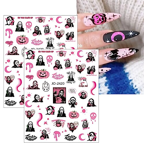 JMEOWIO 9 Sheets Halloween Nail Art Stickers Decals Self-Adhesive Pegatinas Uñas Pink Skull Ghost Witchy Spider Web Pumpkin Spook Nail Supplies Nail Art Design Decoration Accessories