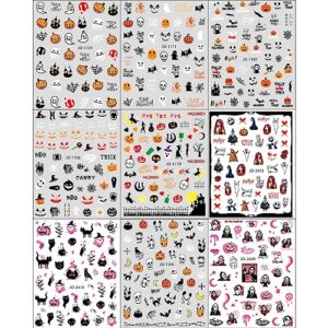 JMEOWIO 9 Sheets Halloween Nail Art Stickers Decals Self-Adhesive Pegatinas Uñas Pink Skull Ghost Witchy Spider Web Pumpkin Spook Nail Supplies Nail Art Design Decoration Accessories