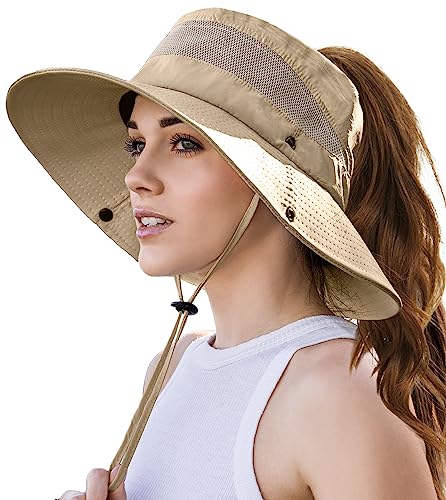 Sun Hat with High Ponytail Hole for Women, Womens UV Protection Wide Brim Foldable Waterproof Beach Bucket Safari Fishing Hat Khaki