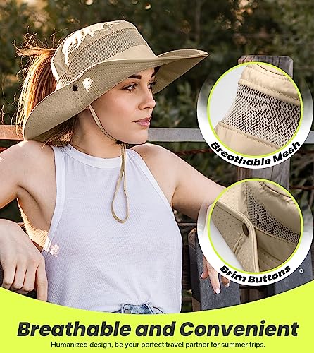 Sun Hat with High Ponytail Hole for Women, Womens UV Protection Wide Brim Foldable Waterproof Beach Bucket Safari Fishing Hat Khaki