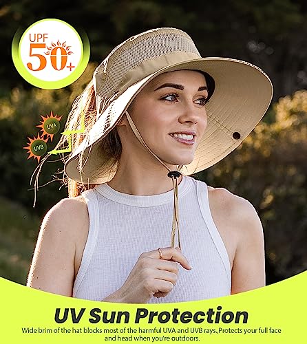 Sun Hat with High Ponytail Hole for Women, Womens UV Protection Wide Brim Foldable Waterproof Beach Bucket Safari Fishing Hat Khaki